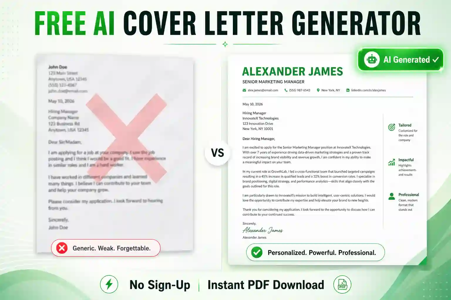 Free AI Cover Letter Generator | ATS-Friendly & No Sign-Up (2026)